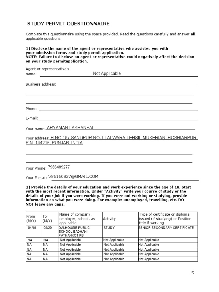 Study Permit Questionnaire: Not Applicable | PDF | Business