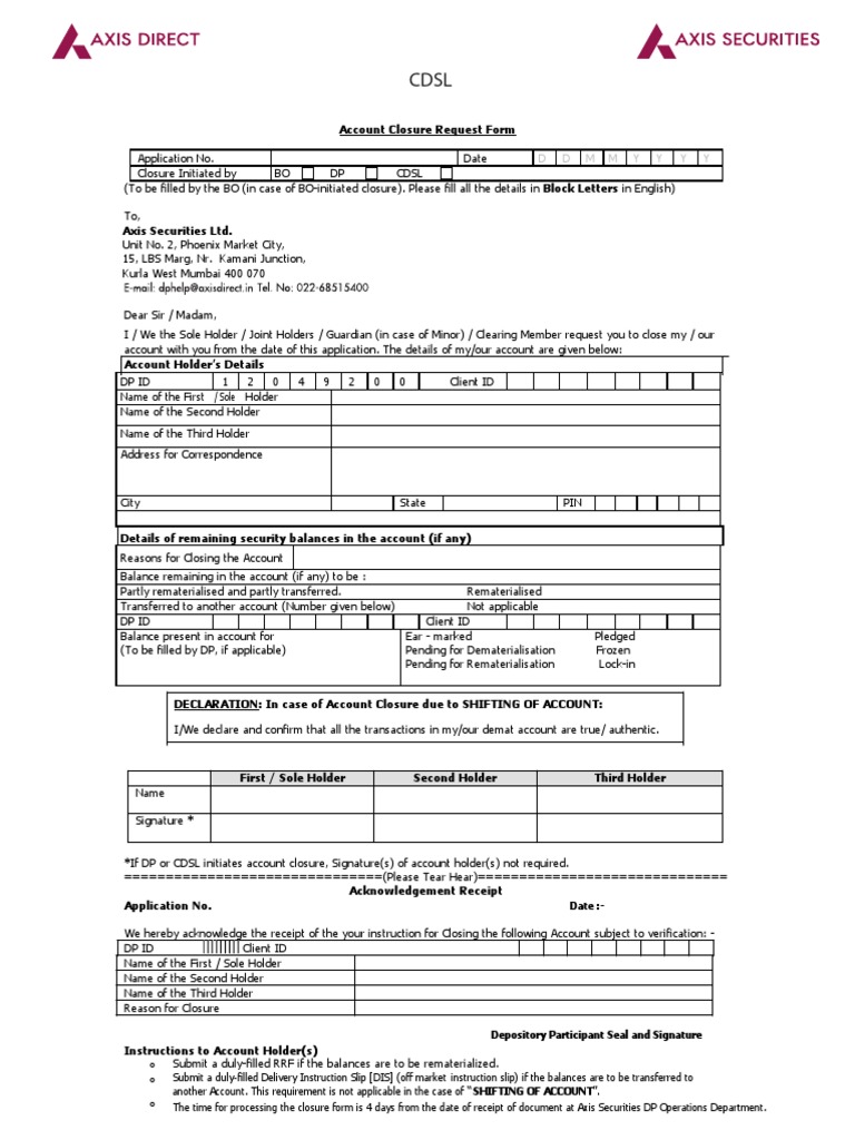 Axis DP Closure Form CDSL Final | PDF | Financial Services | Business