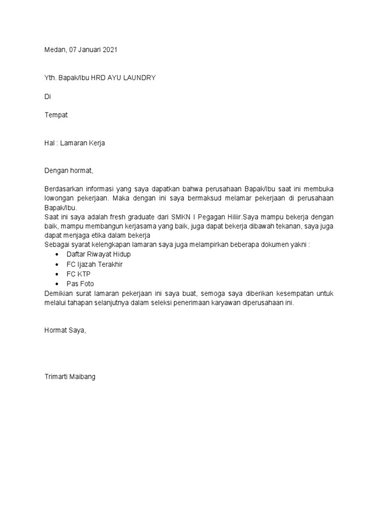 Lamaran Kerja Ayu Laundry Tri | PDF