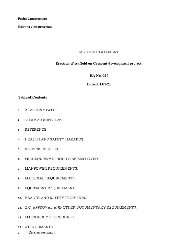 Metod of Staitment CDP (Pasha Construction) | PDF | Occupational Safety ...