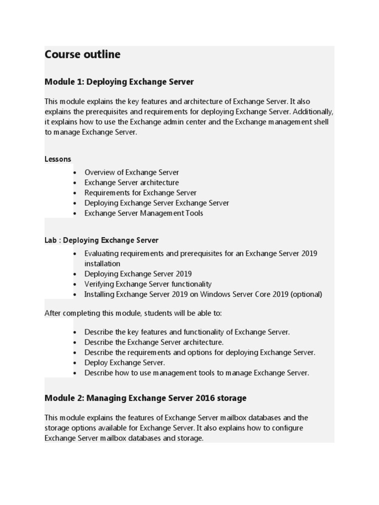 Course Outline: Module 1: Deploying Exchange Server | PDF | Microsoft Exchange Server ...