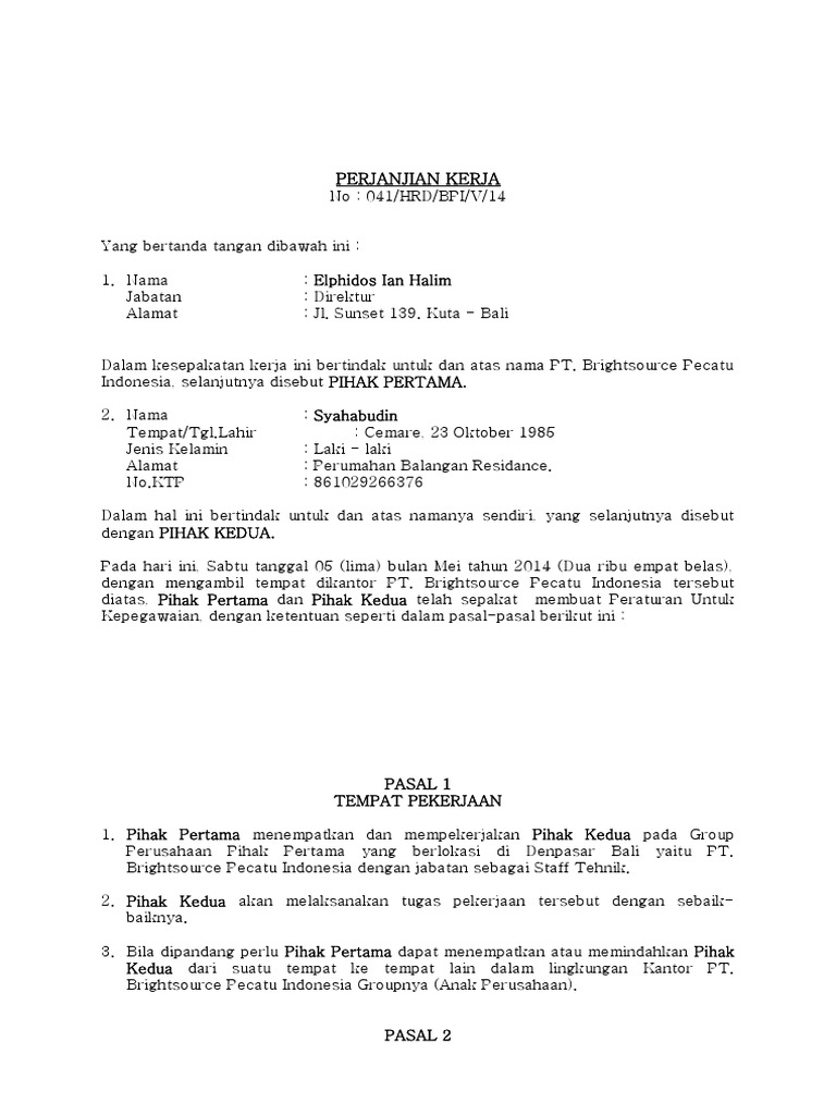 Kontrak Kerja PT Brightsource Pecatu | PDF | Hukum
