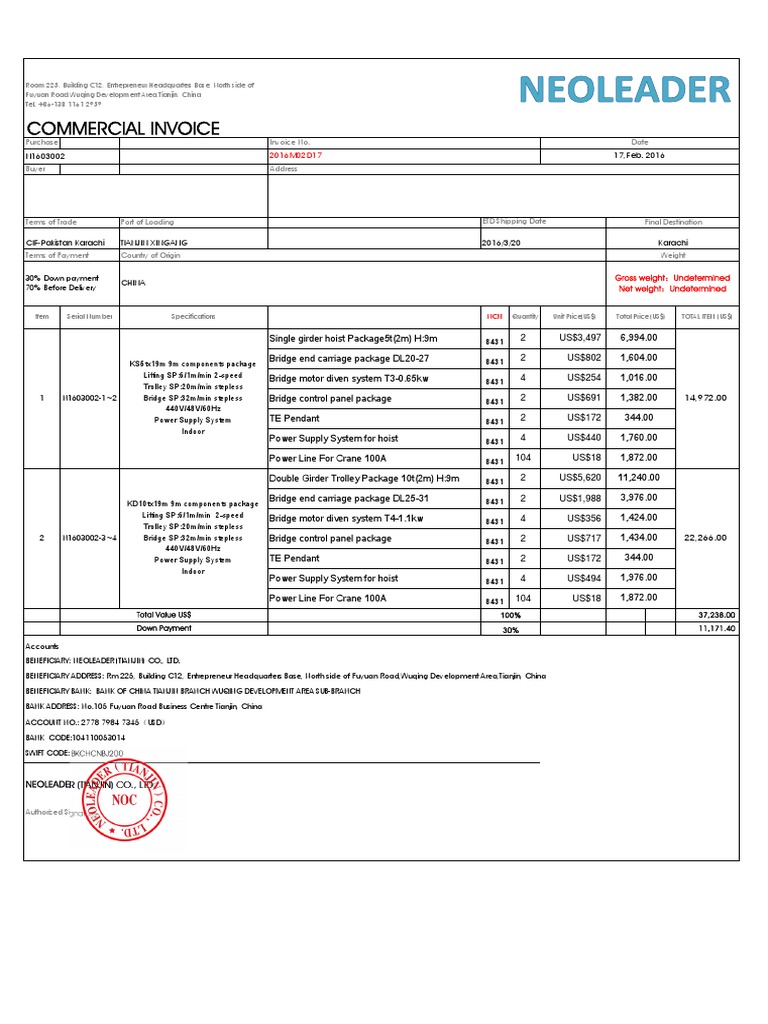 NEOLEADER - Invoice-MCC N1603002 v02 | PDF | Economies | Business