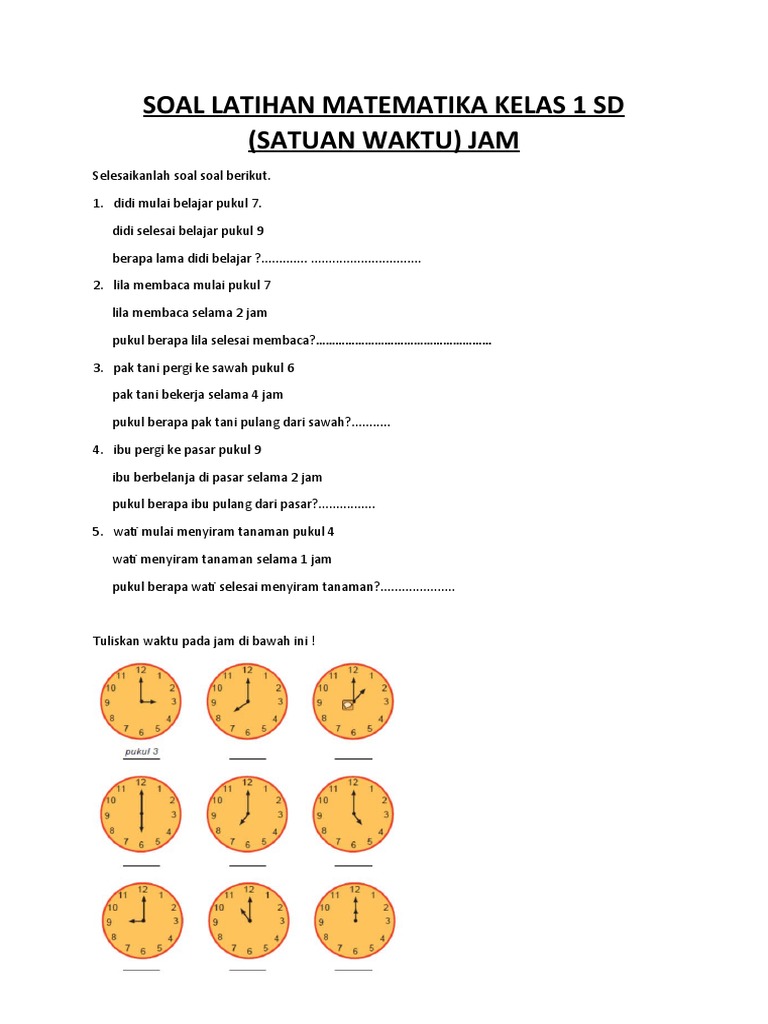 Soal Latihan Matematika Kelas 1 Sd Satuan Waktu Jam Pdf