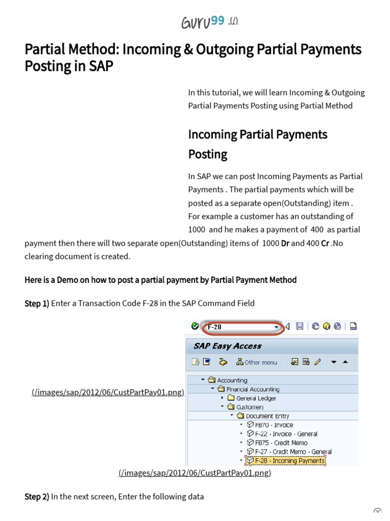 Partial Method Incoming Outgoing Partial Payments Posting In Sap