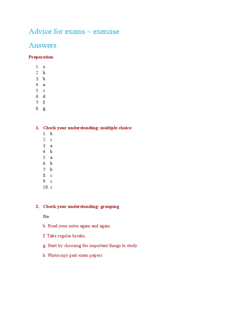 Advice For Exams - Exercise Answers: Preparation | PDF