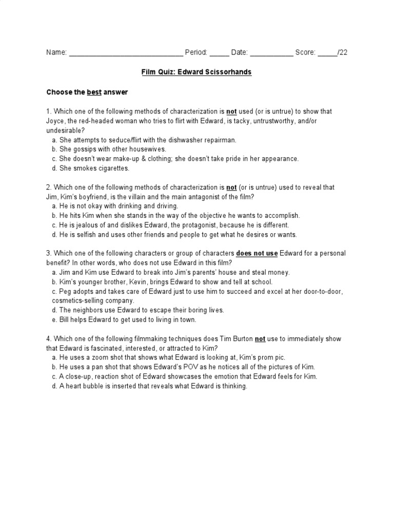 Film Quiz: Edward Scissorhands Choose The | PDF