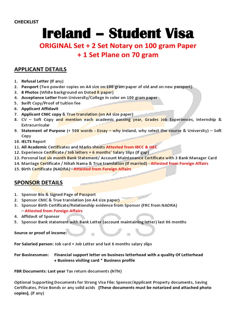 Ireland - Student Visa: ORIGINAL Set + 2 Set Notary On 100 Gram Paper ...