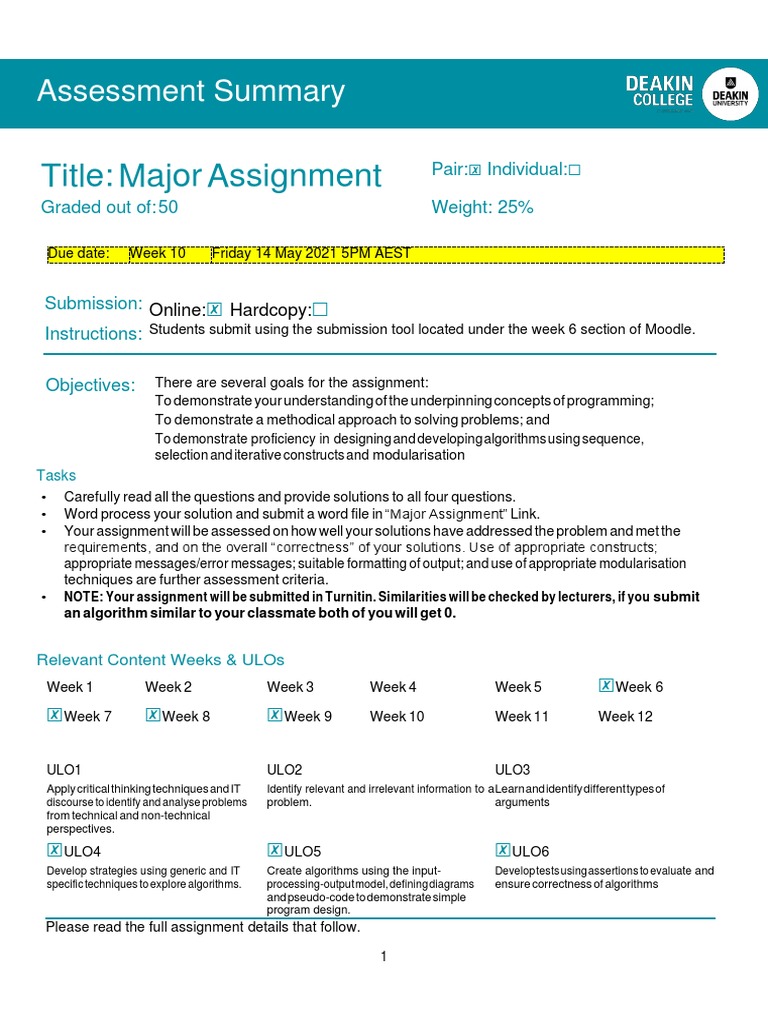 Title: Major Assignment: Assessment Summary | PDF | Turnitin | Algorithms
