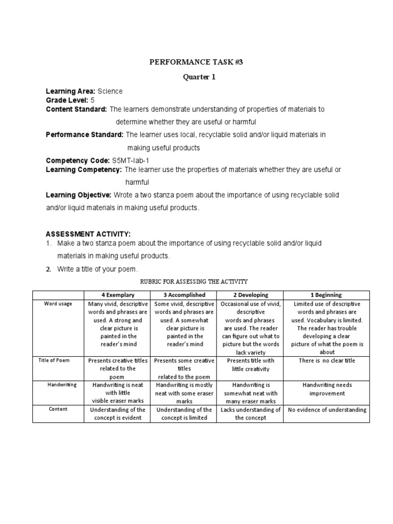 Performance Task Science Q1-#3 | Download Free PDF | Poetry | Word
