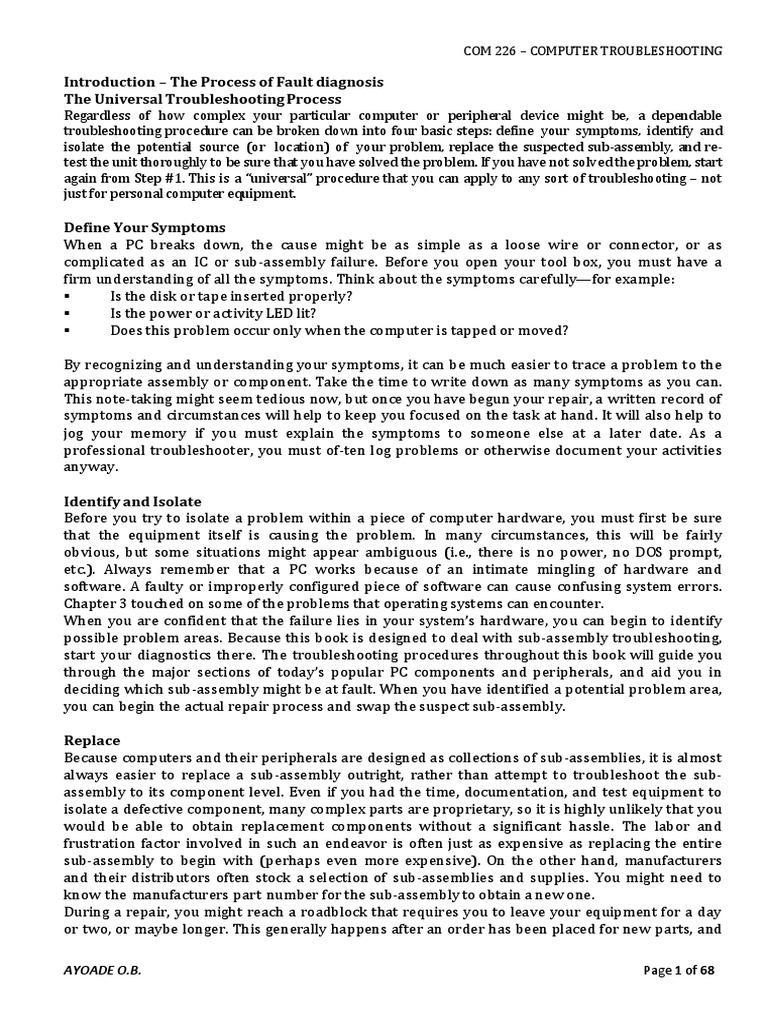 COM 226 - Computer Troubleshooting Handout Print | PDF | Bios | Booting