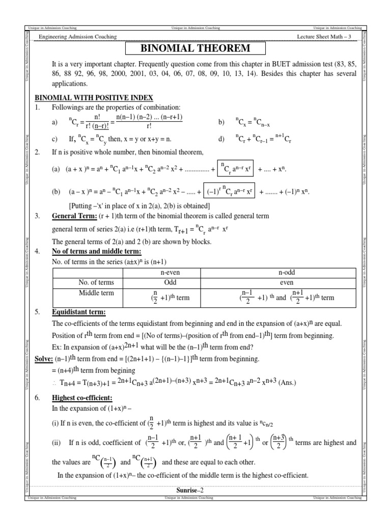 Binomial Theorem: Binomial With Positive Index | PDF | Number Theory | Algebra