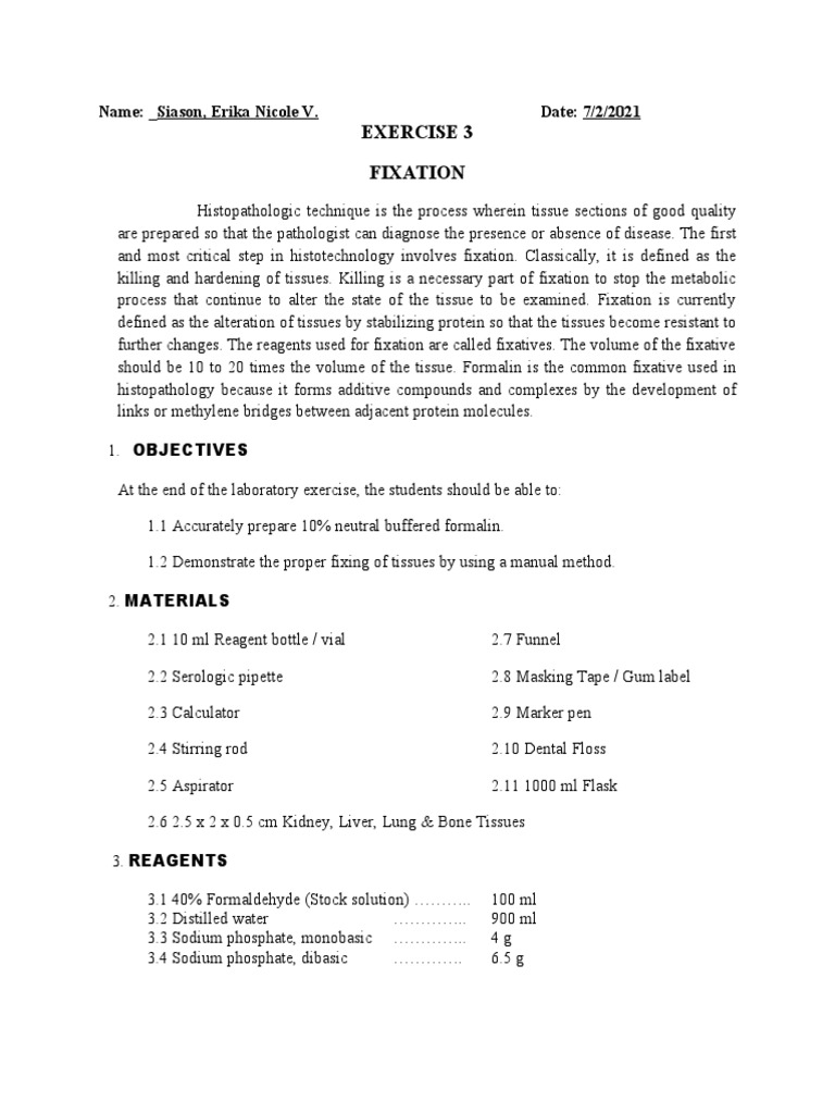 Exercise 3 Fixation Student | PDF | Fixation (Histology) | Histology
