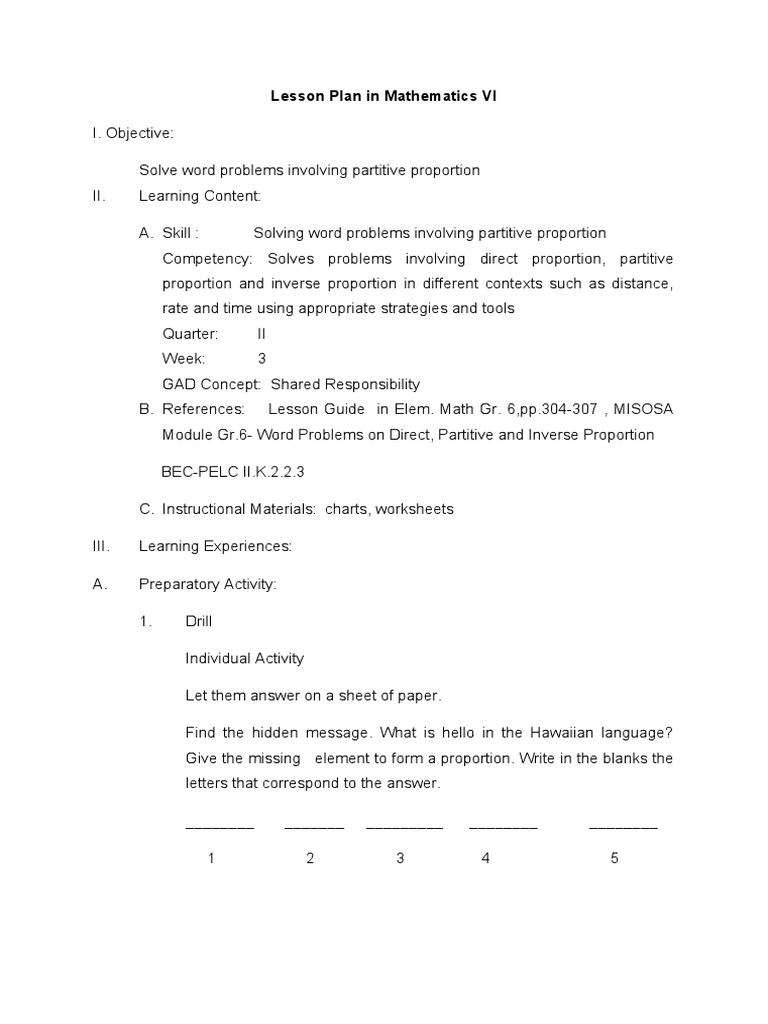 Lesson Plan in Mathematics VI - # 3 - Proportion | PDF | Lesson Plan ...