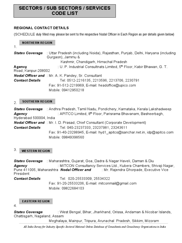 Sectors / Sub Sectors / Services Code List: Regional Contact Details ...