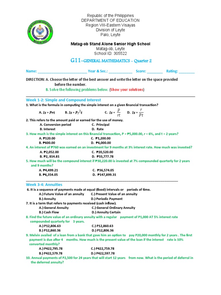 Quarter 2 Test in Gen Math | PDF | Loans | Mortgage Loan