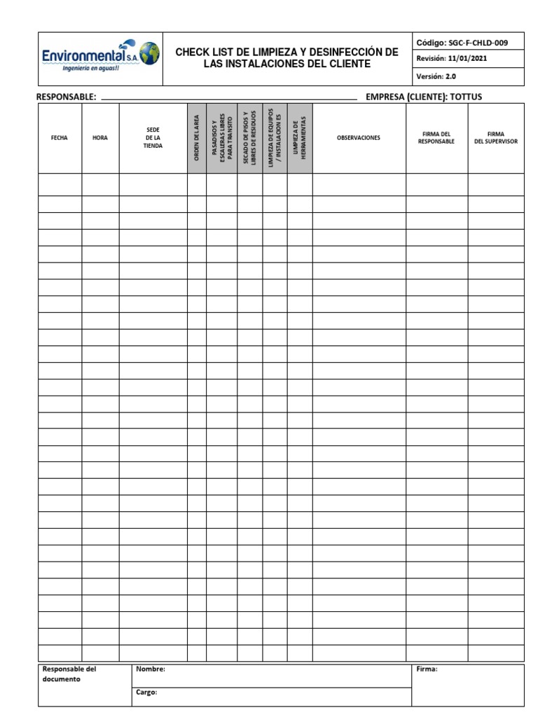 Checklist de Limpieza y Desinfección | PDF