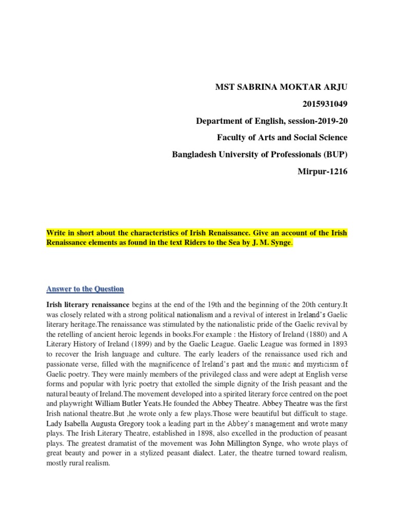 Irish Renaissance in Synge's Play | PDF | Tragedy | Poetry