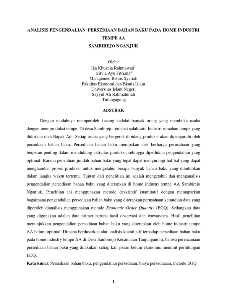 ANALISIS PENGENDALIAN PERSEDIAAN BAHAN BAKU PADA HOME INDUSTRI TEMPE AA-dikonversi | PDF