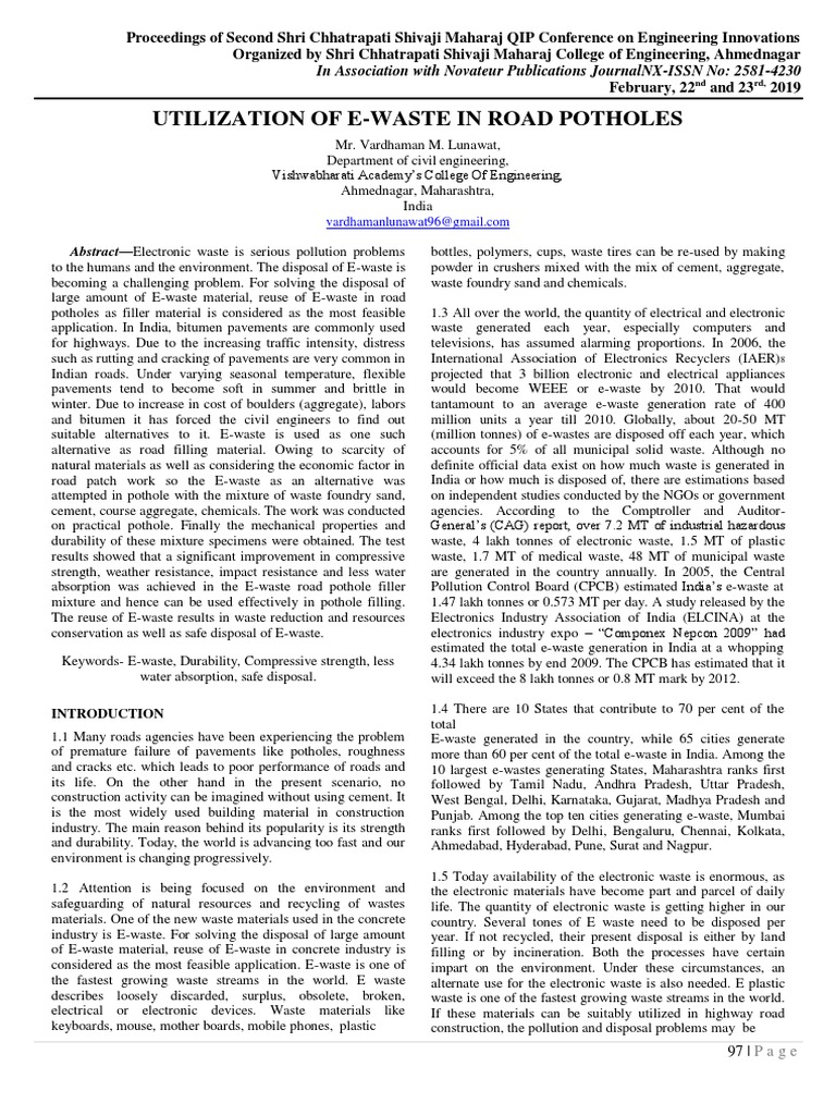 Utilization of E-Waste in Road Potholes: Abstract-Electronic Waste Is ...