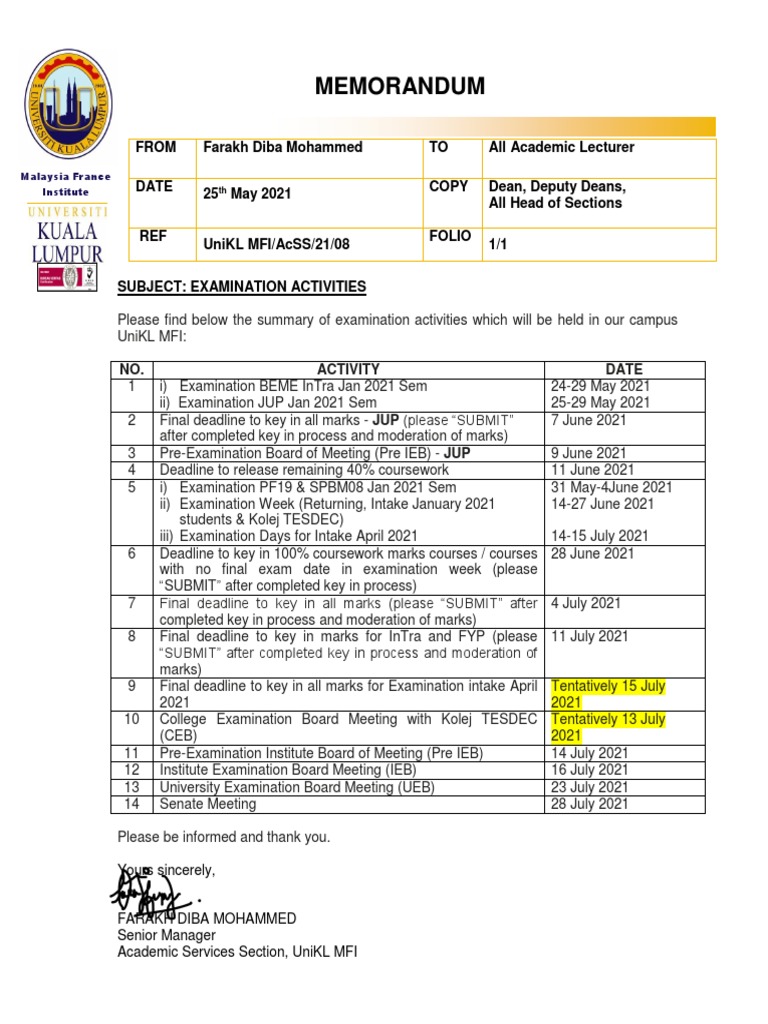 UniKL MFI Examination Schedule 2021 | PDF | Vocational Education ...