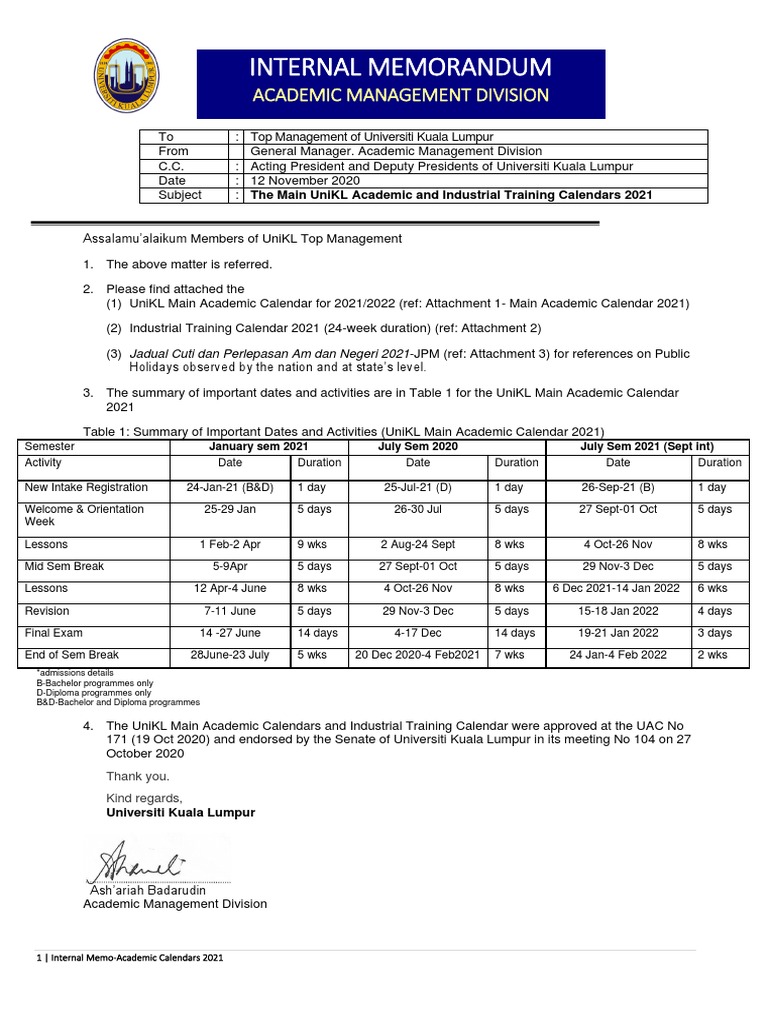 12112020internal Memo - Main Academic Calendar 2021 AcMD | PDF ...