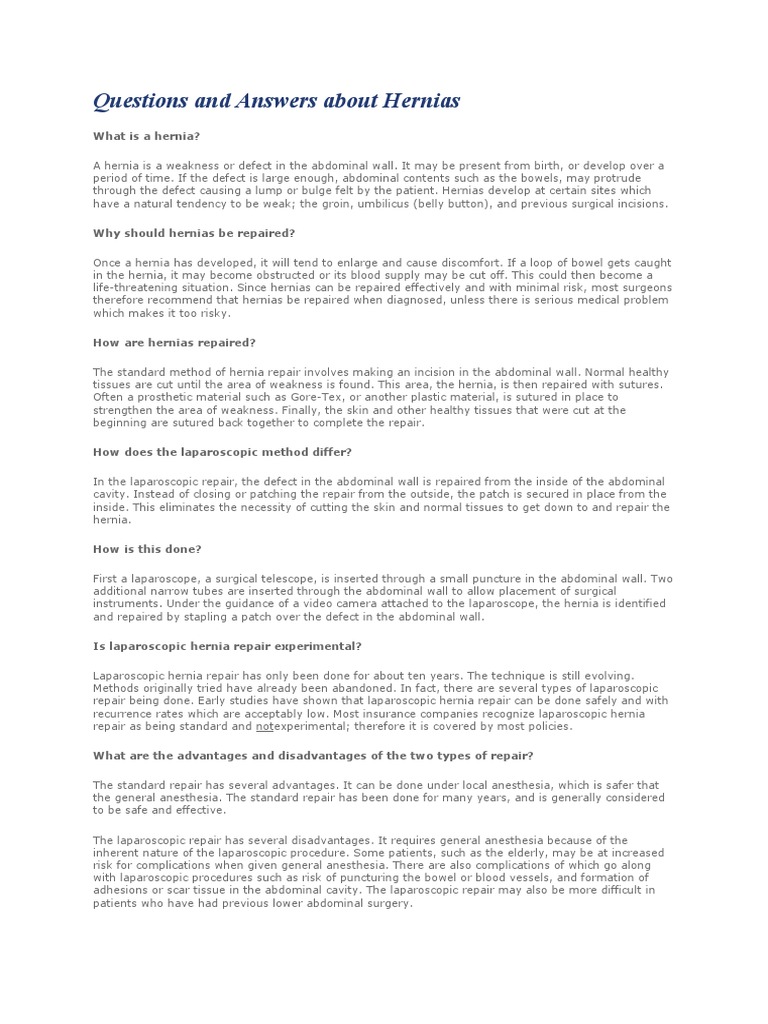 Questions and Answers About Hernias | PDF | Surgery | Medicine