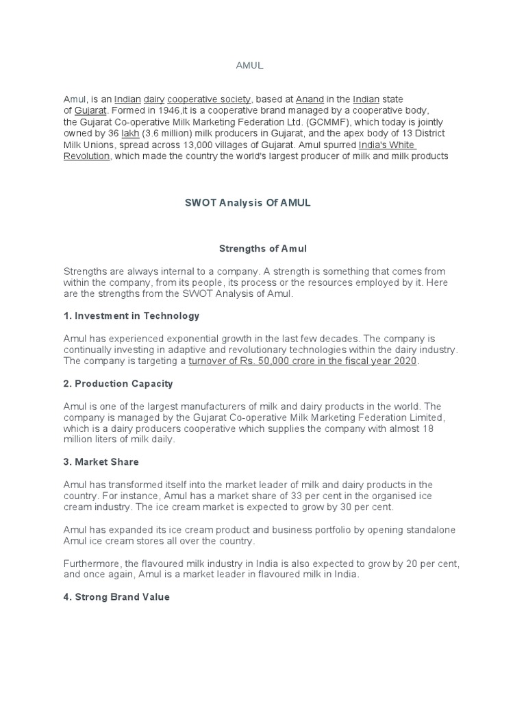 SWOT Analysis of AMUL | PDF | Business | Economies