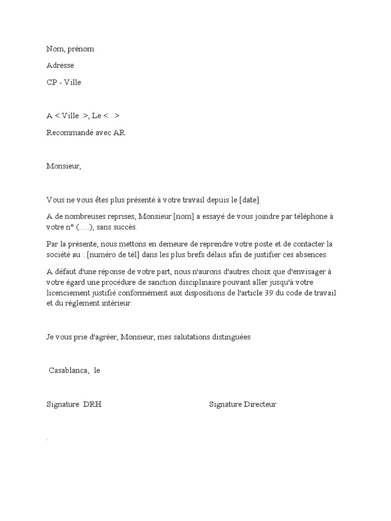 Modèle - Avis de Notification - Absence Injustifiée | PDF