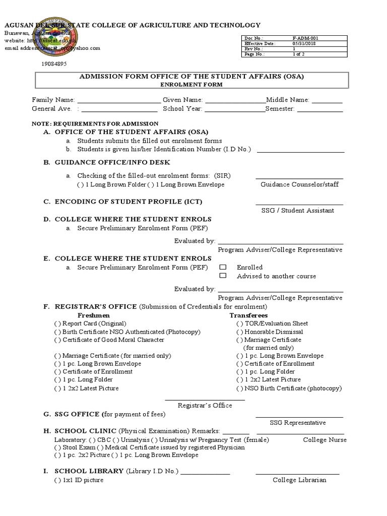 Osa Admission Form Version 3.0 | PDF | Health Care | Business