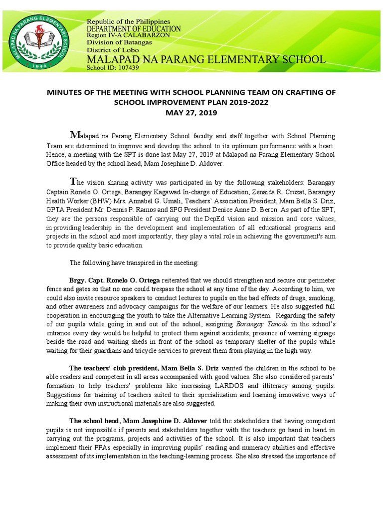 Minutes of Meeting Crafting Sip | PDF | Teachers | Further Education