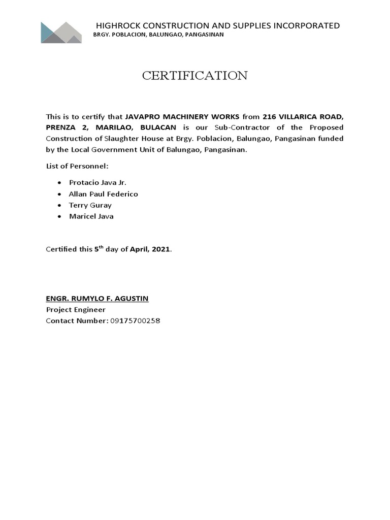 Certification: Highrock Construction and Supplies Incorporated | PDF