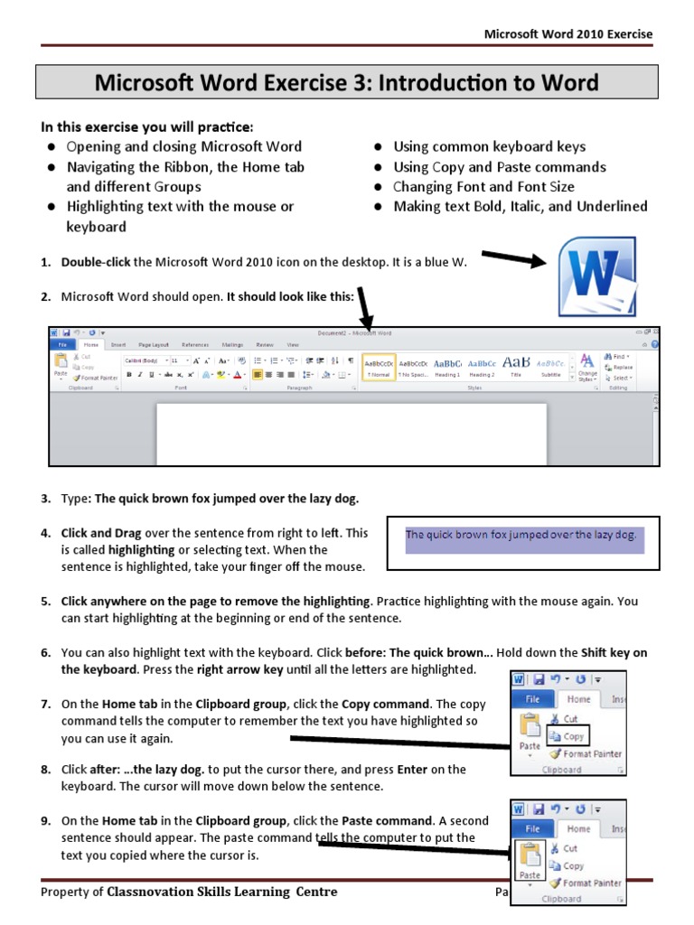 Microsoft Word Exercise 3: Introduction To Word: in This Exercise You ...
