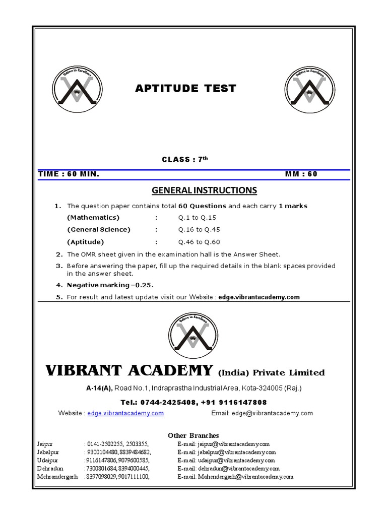 Aptitude Test for 7th Class Students | PDF | Carbohydrates | Ratio