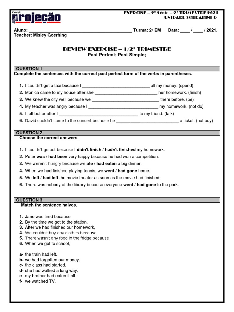 Atividades - 2 Serie - 2º Trimestre - 2021 - Past Perfect | PDF ...