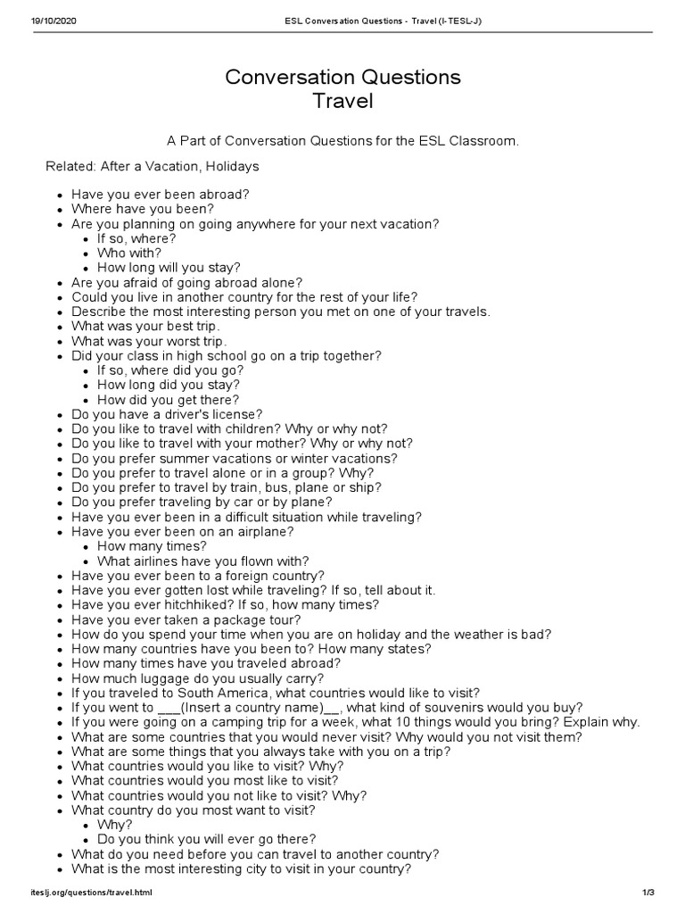 ESL Conversation Questions - Travel (I-TESL-J) | PDF | Vacation | Tourism