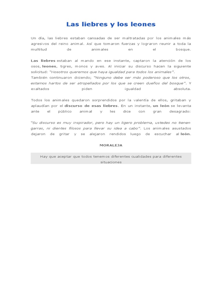 Las Liebres y Los Leones.... Fábula | PDF