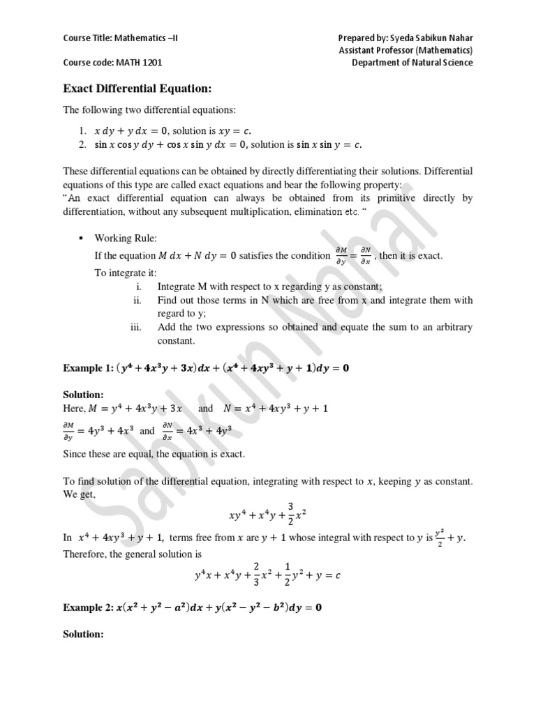 Exact Differential Equation | PDF | Equations | Algebra