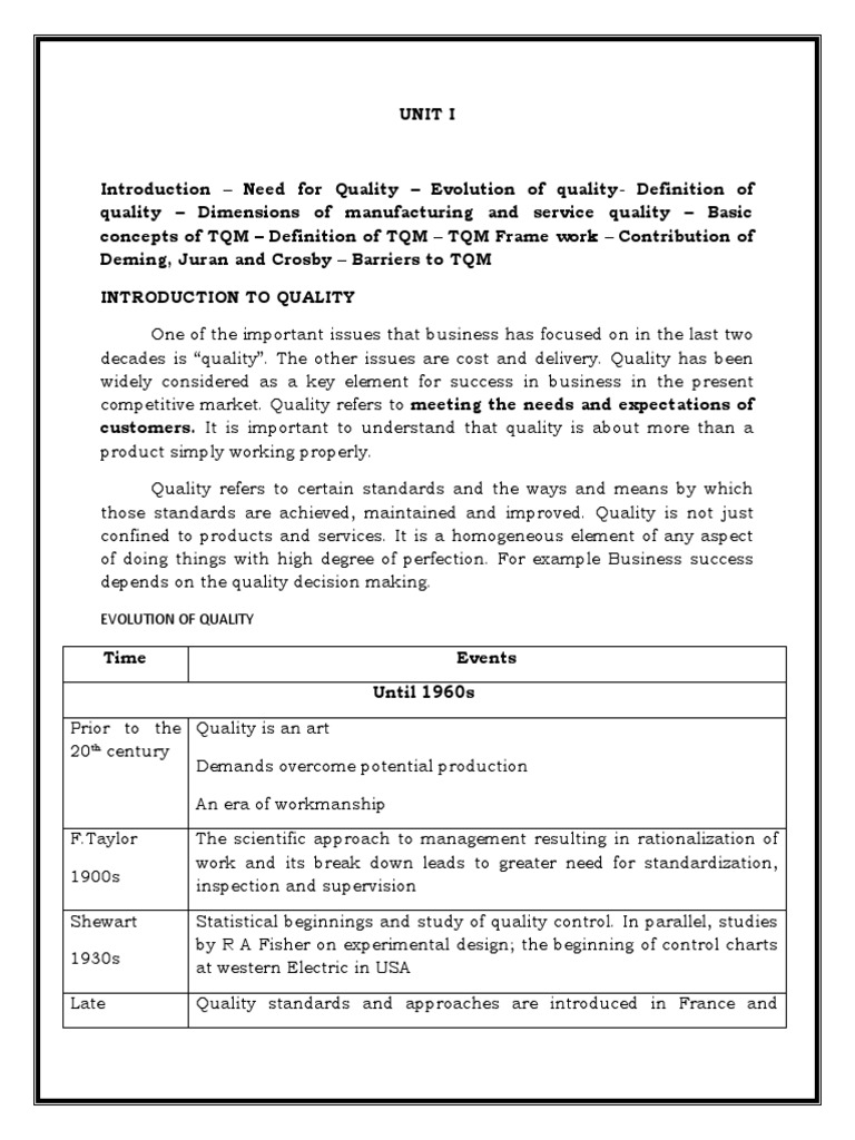 Unit 1 TQM Notes | PDF | Quality (Business) | Quality Management