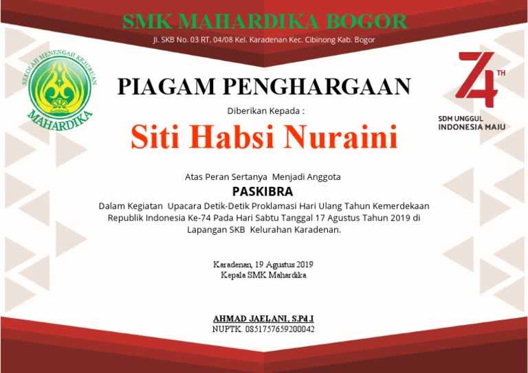 Piagam Penghargaan Paskibra 2019 | PDF