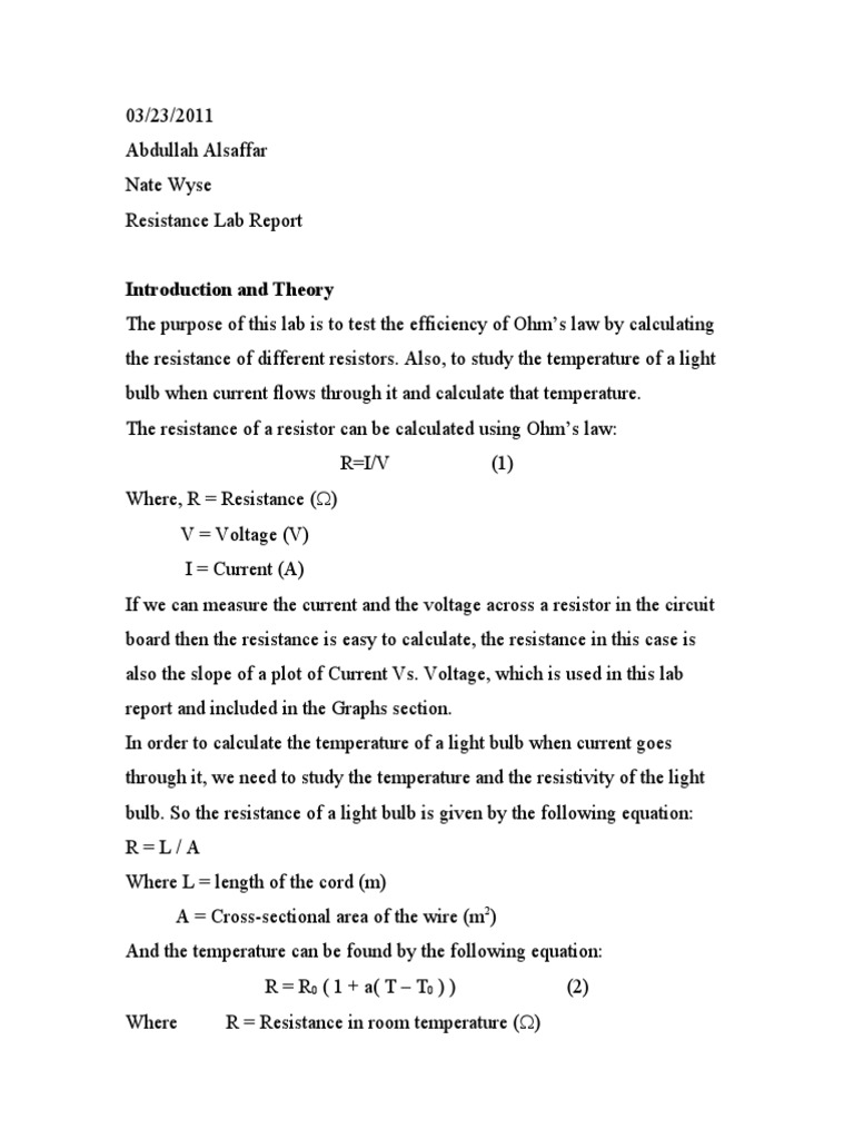 Resistance Lab Report | PDF | Electrical Resistance And Conductance ...