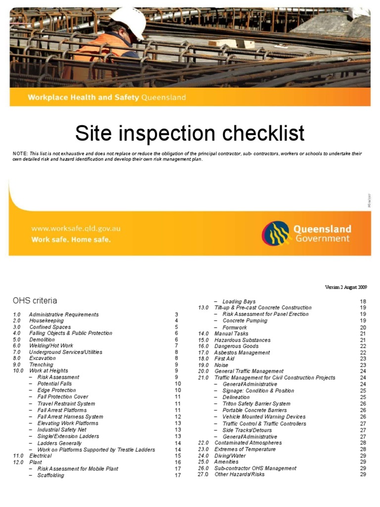 Checklist Site Inspection | PDF | Occupational Safety And Health | Risk ...