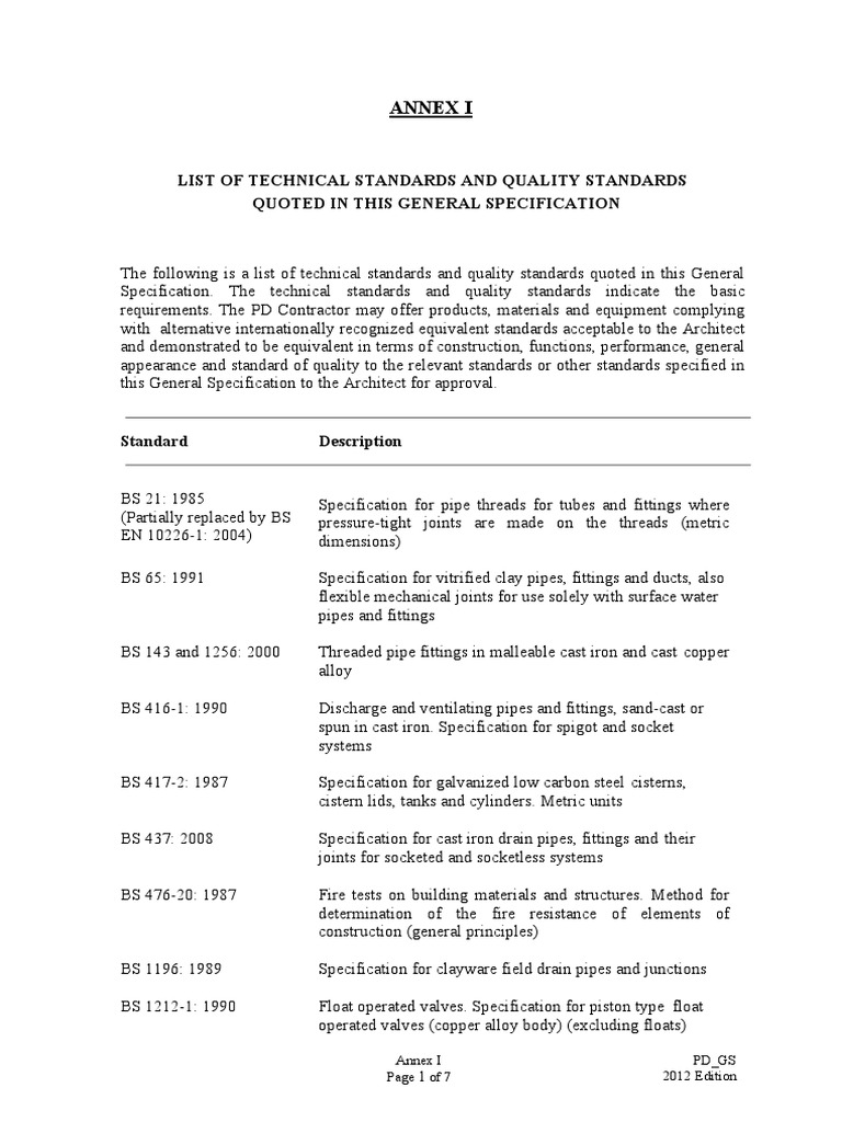Annex I: List of Technical Standards and Quality Standards Quoted in ...
