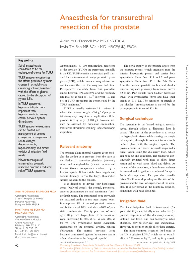 Anesthesia For Turp | PDF | Prostate | Anesthesia