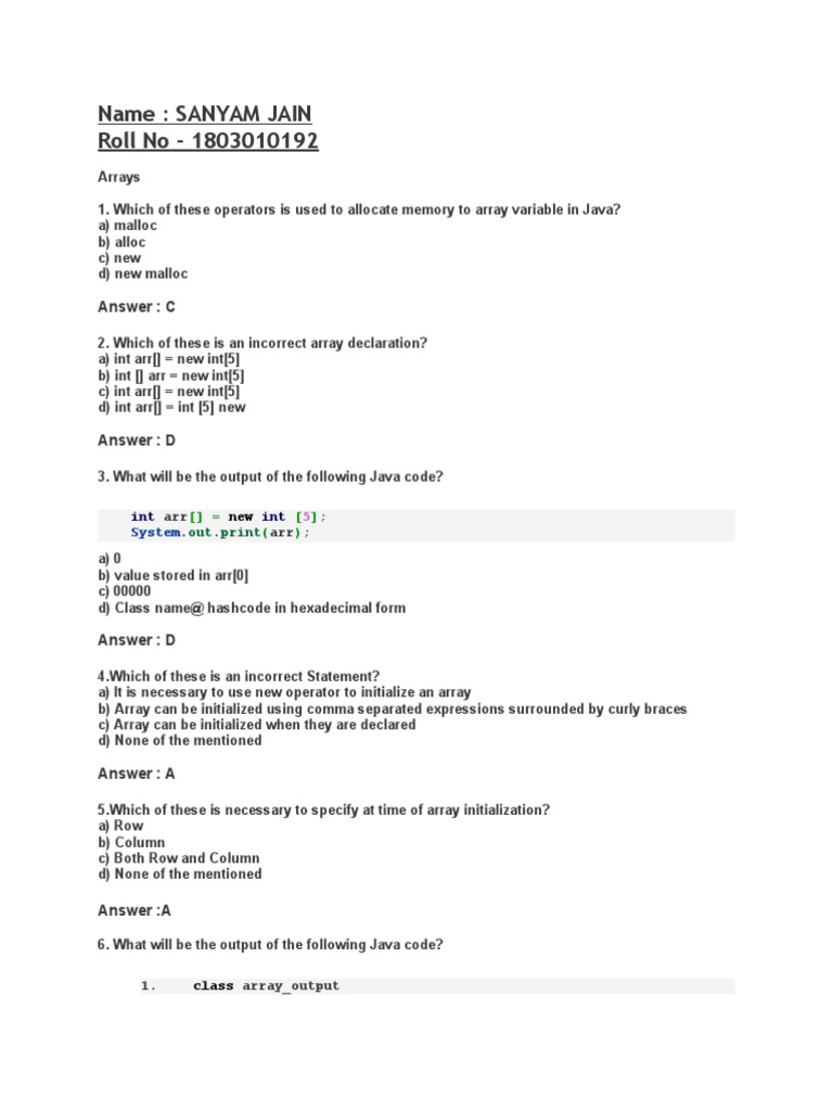 Java Arrays and Loops Quiz | PDF | Parameter (Computer Programming ...