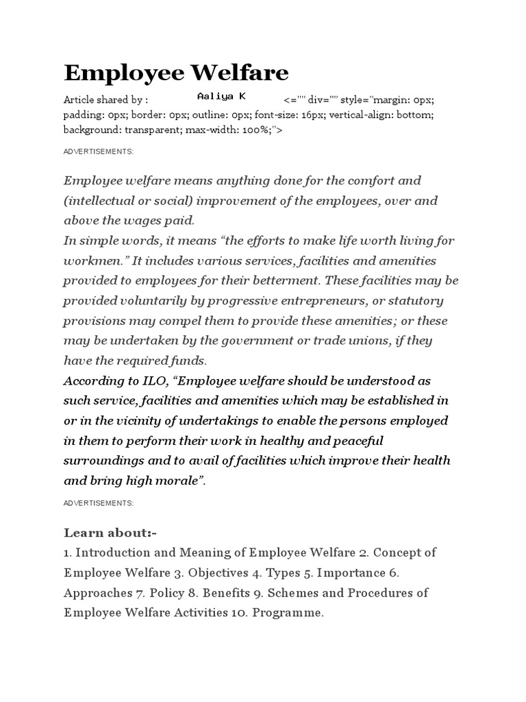 Employee Welfare | PDF | Welfare | Employment