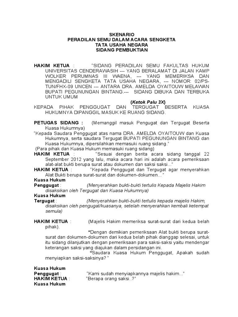 CONTOH SKENARIO PRAKTEK PERADILAN TUN - Pembuktian | PDF