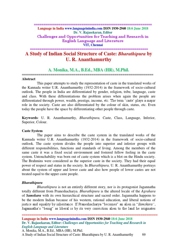 A Study of Indian Social Structure of Caste: Bharathipura by U. R ...