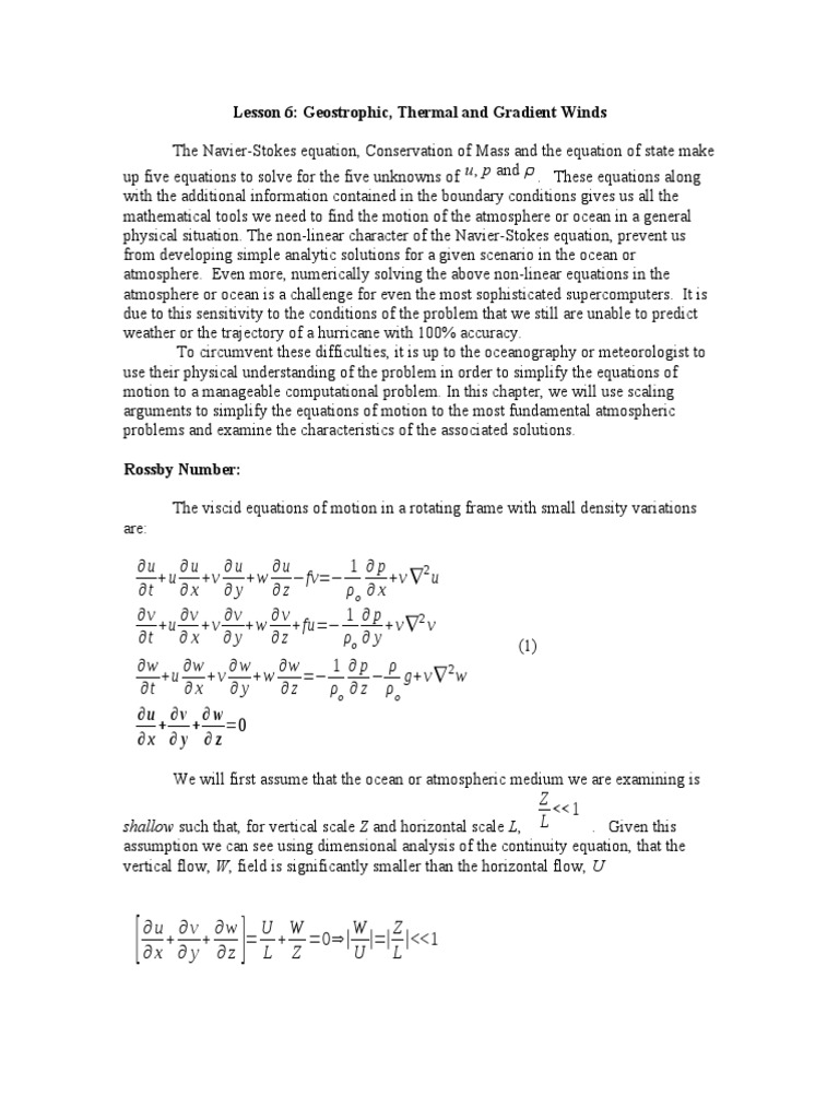 Lesson 6: Geostrophic, Thermal and Gradient Winds: U X V y W Z | PDF ...