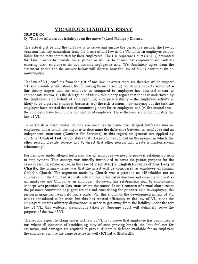 Vicarious Liability Essay | PDF | Vicarious Liability | Tort
